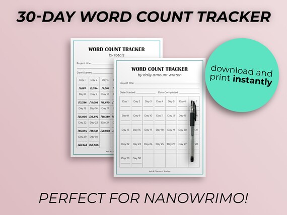 Printable 30 Day Word Count Tracker Bundle Nanowrimo | Etsy
