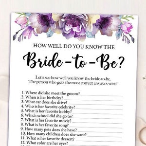 Printable Purple Floral Bridal Shower Games How Well Do You Know the ...