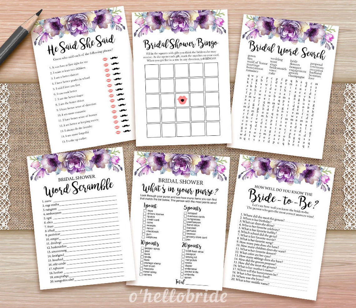 Purple Floral Bridal Shower Games Package Printable Purple | Etsy