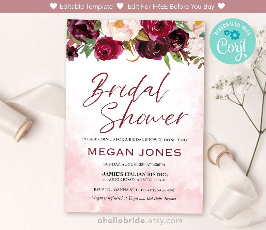 Invitación de despedida de soltera Borgoña imprimible Marsala Bridal ...