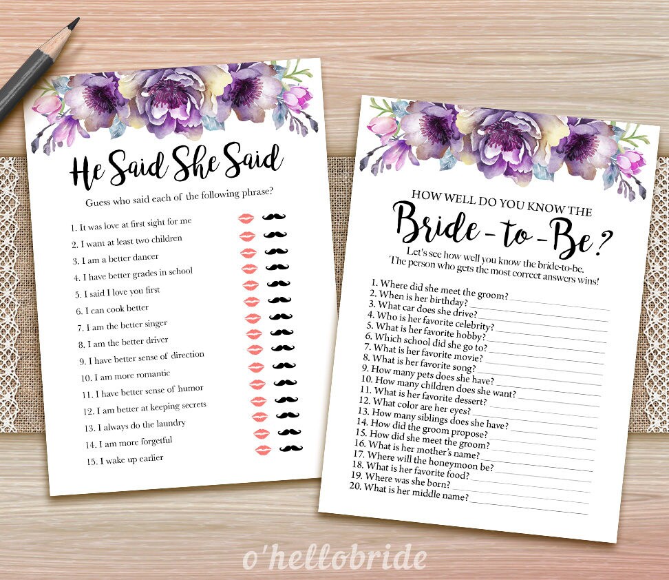 Purple Floral Bridal Shower Games Package Printable Purple | Etsy