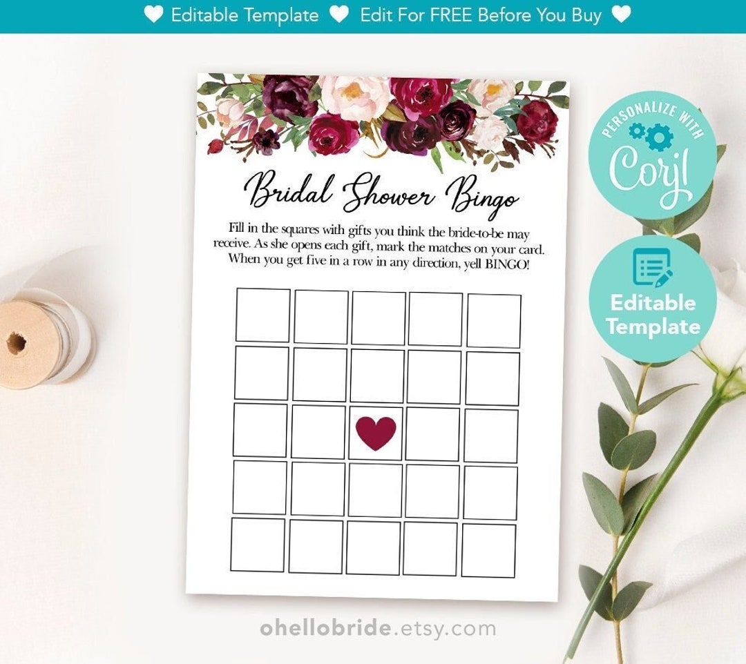 Editable Bridal Shower Games Printable Bridal Bingo Game Burgundy ...