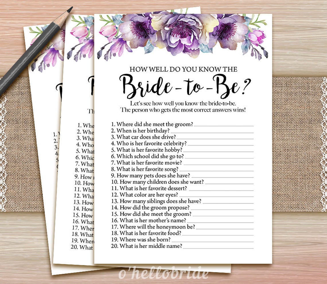 Printable Purple Floral Bridal Shower Games How Well Do You | Etsy