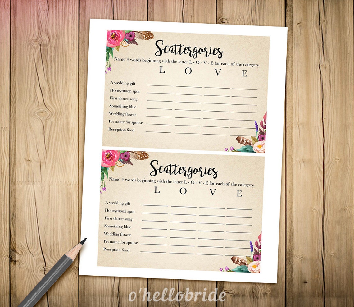 Printable Bridal Shower Games Bridal Shower Scattergories - Etsy