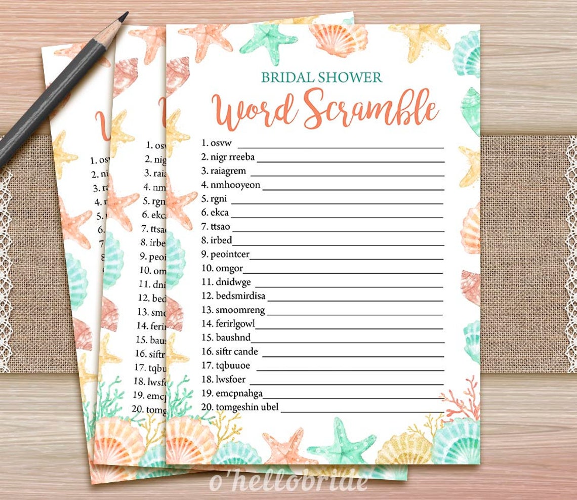 Word Scramble Game Printable Beach Bridal Shower Word | Etsy