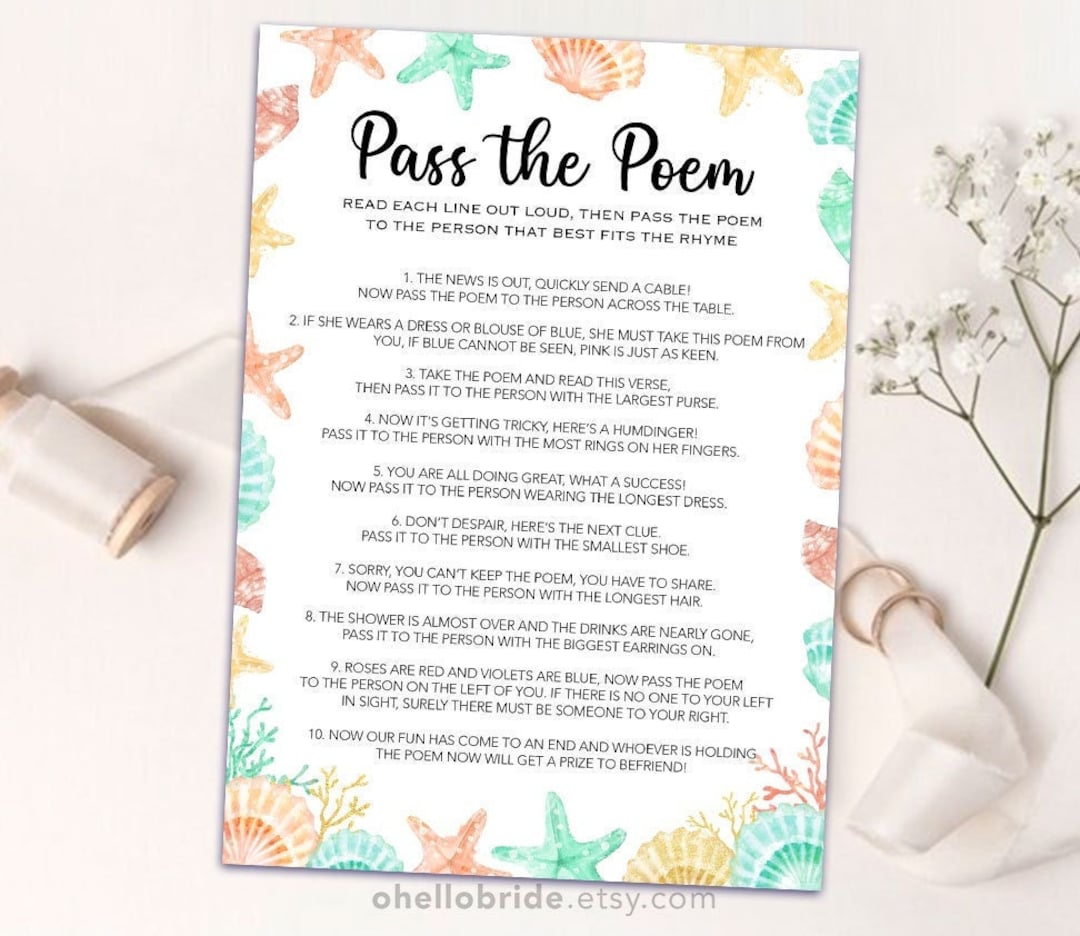 Printable Beach Bridal Shower Games Printable, Pass the Poem Game, Pass ...