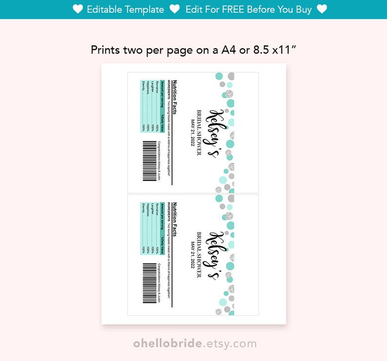 Editable Candy Bar Wrapper for Mint Bridal Shower Candy Bar - Etsy