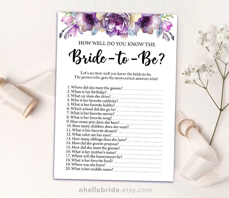 Printable Purple Floral Bridal Shower Games How Well Do You - Etsy