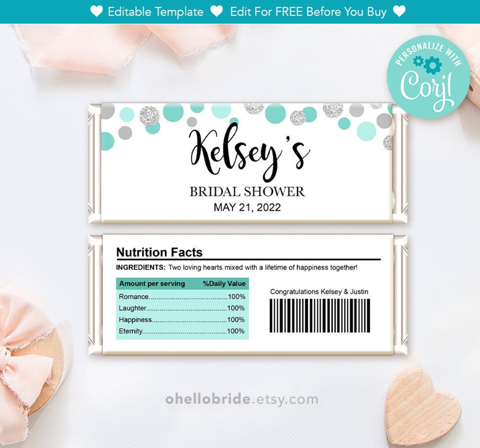 Editable Candy Bar Wrapper for Mint Bridal Shower Candy Bar - Etsy