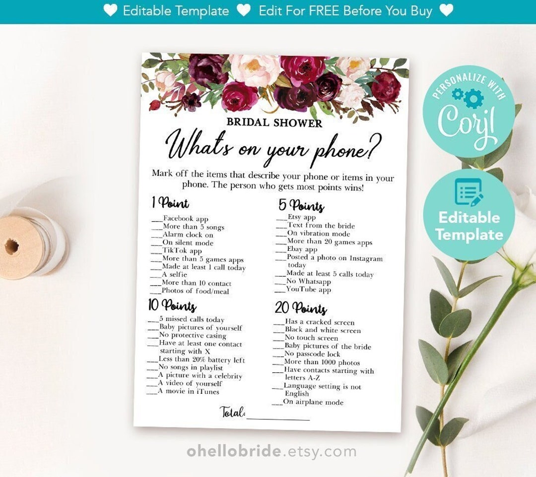 Editable Bridal Shower Games Printable What's in Your Phone Bridal ...