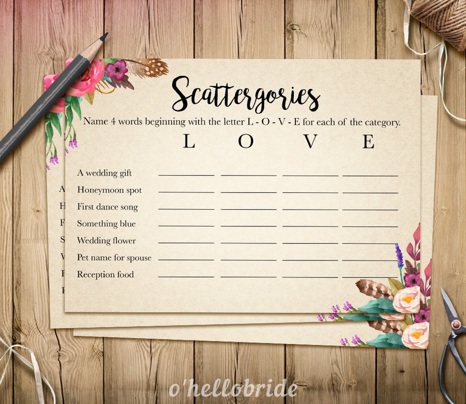 Printable Bridal Shower Games Bridal Shower Scattergories - Etsy