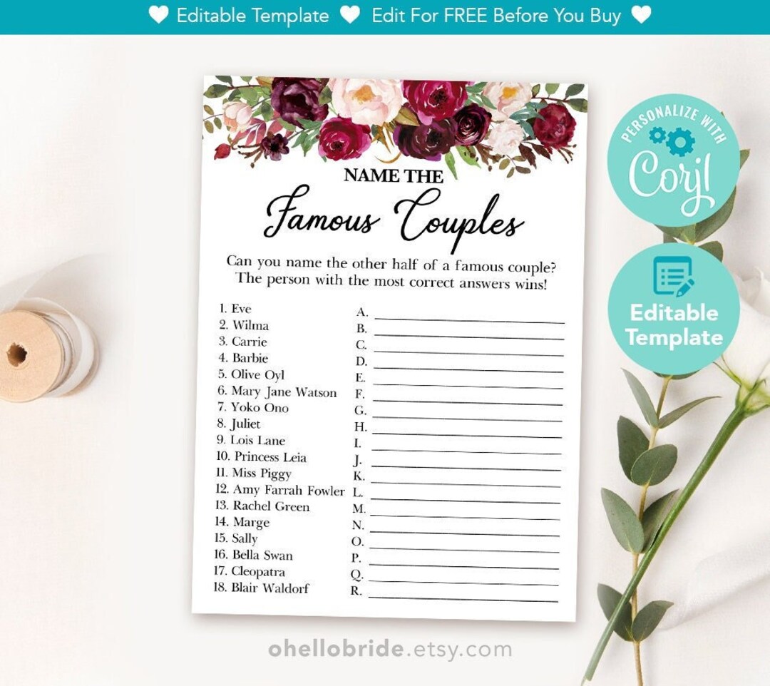 Editable Name the Famous Couples Bridal Shower Games Printable Bridal ...