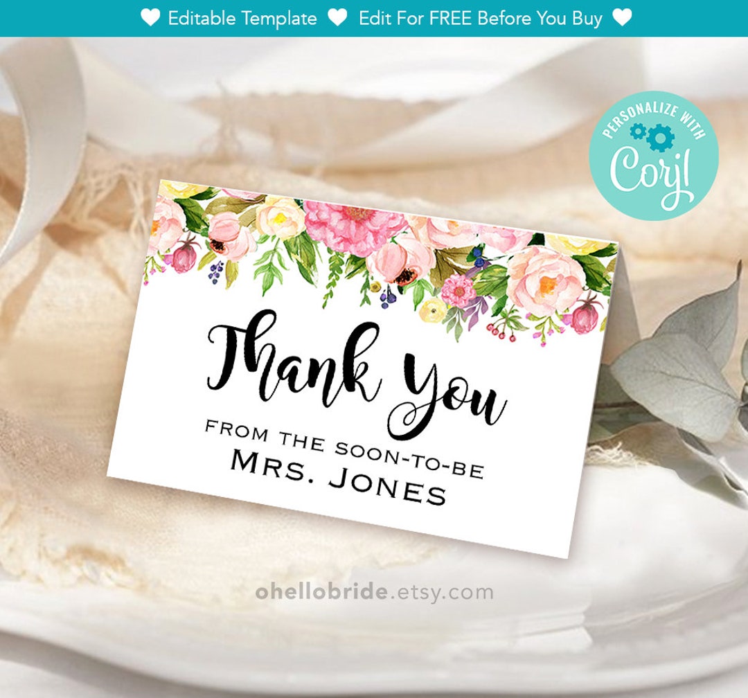 Tarjetas de agradecimiento editables Pink Bridal Shower Wedding Thank ...