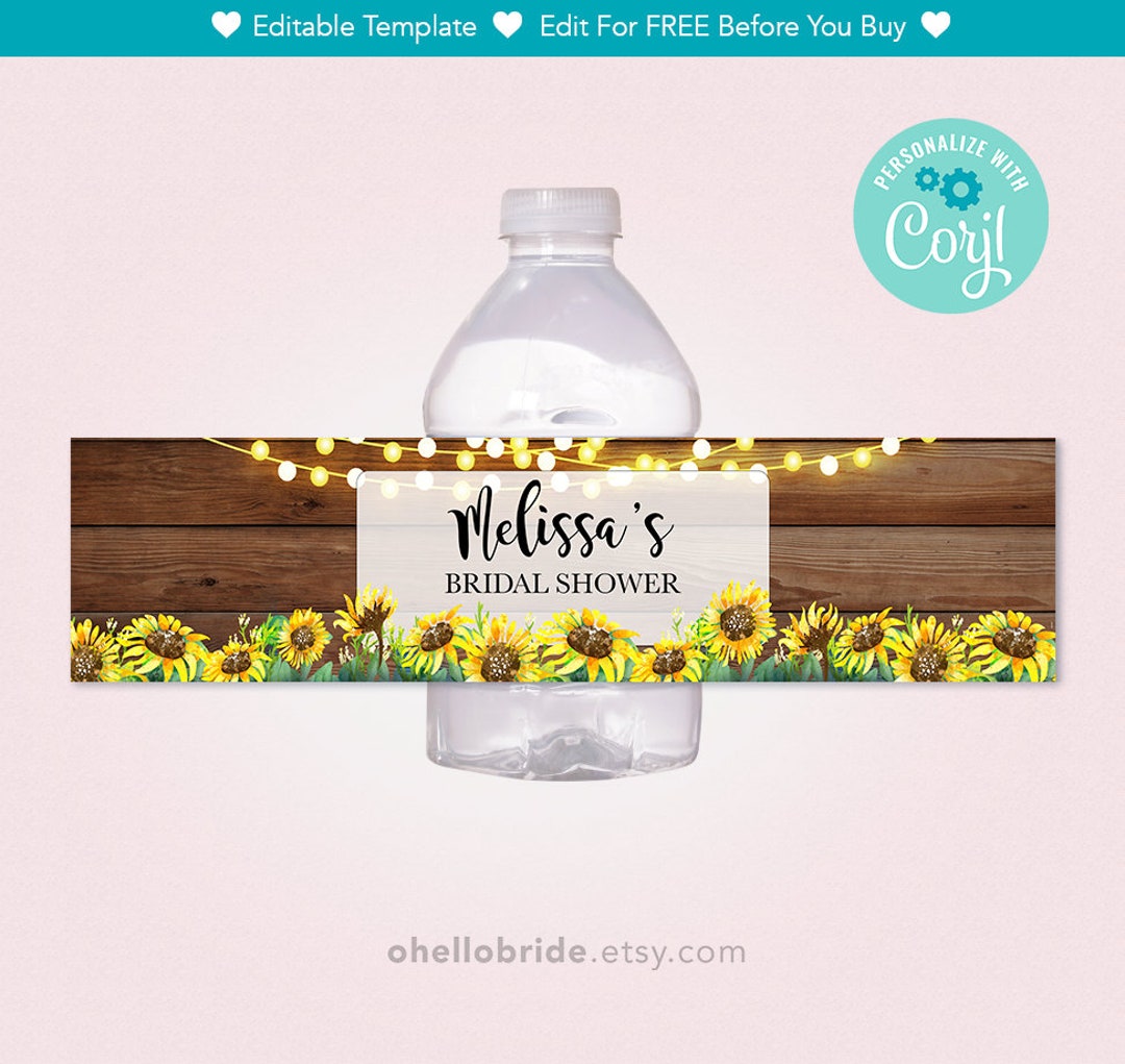 Editable Rustic Sunflower Water Bottle Labels Shabby Chic Water Bottle ...