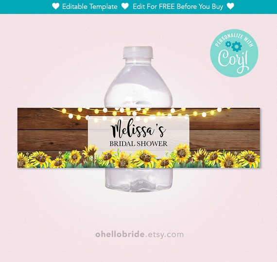 Editable Rustic Sunflower Water Bottle Labels Shabby Chic - Etsy