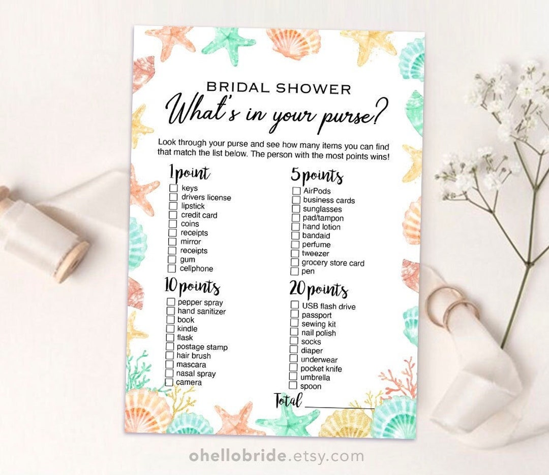 Printable Bridal Shower Games Printable What's in Your Purse Game Beach ...