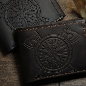 Leather Trifold Wallet "vegvisir and Aegishjalmur. Viking Axes." - Etsy
