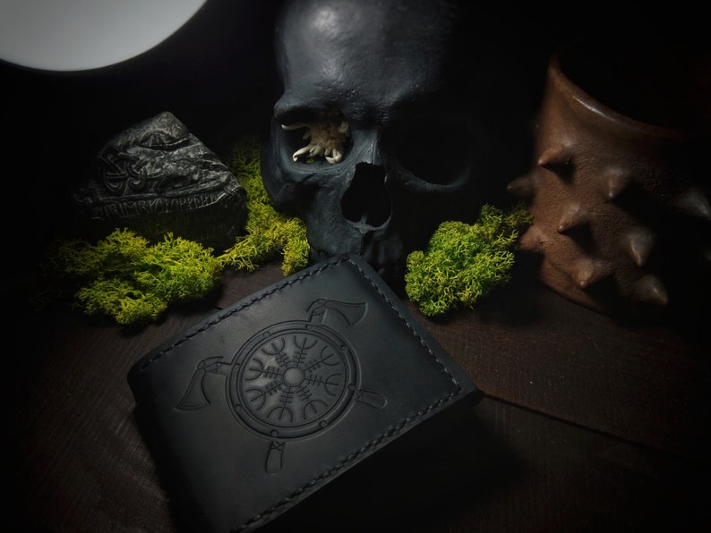Leather wallet Viking Axes Aegishjalmur | Etsy