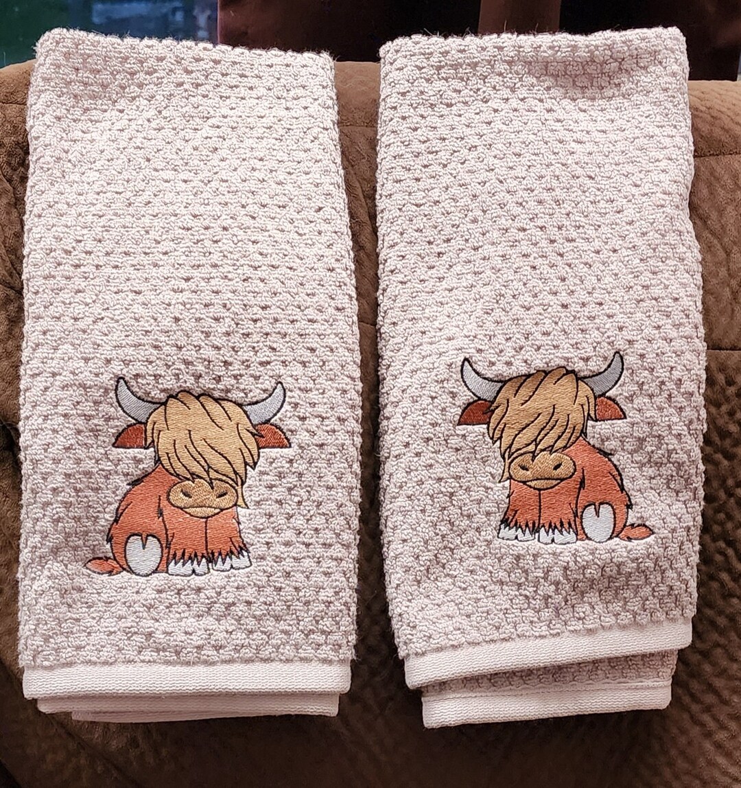 Highland Cow Set of 2 Embroidered Kitchen Towels- Brown Embroidered Cow ...