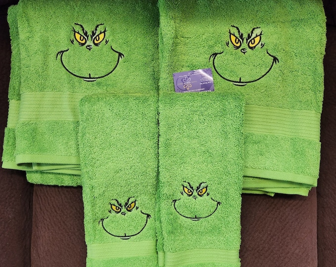 Grinch Christmas Hand Towel or Bath Towel, Embroidered Towels, Bathroom ...
