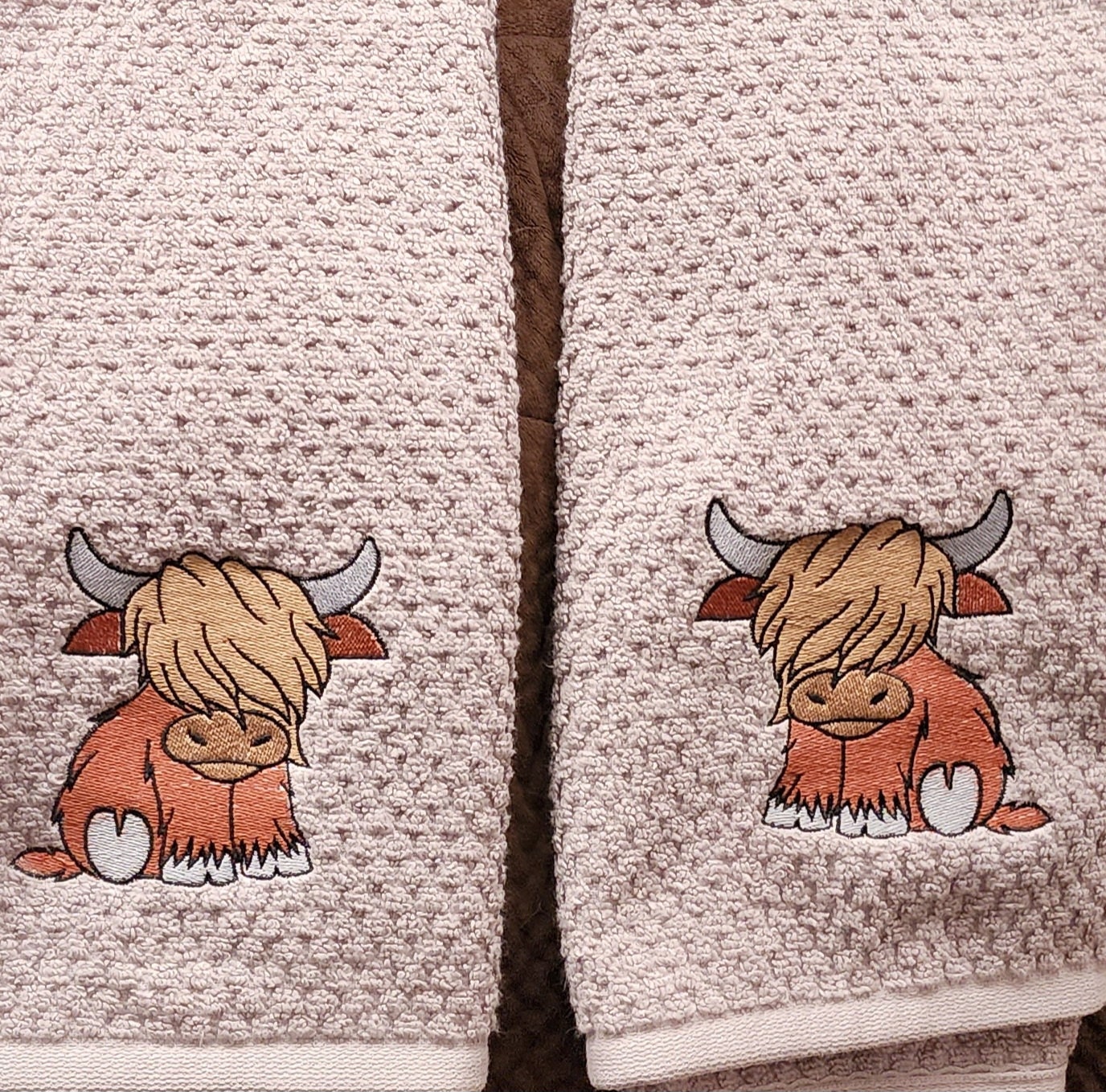 Highland Cow Set of 2 Embroidered Kitchen Towels- Brown Embroidered Cow ...