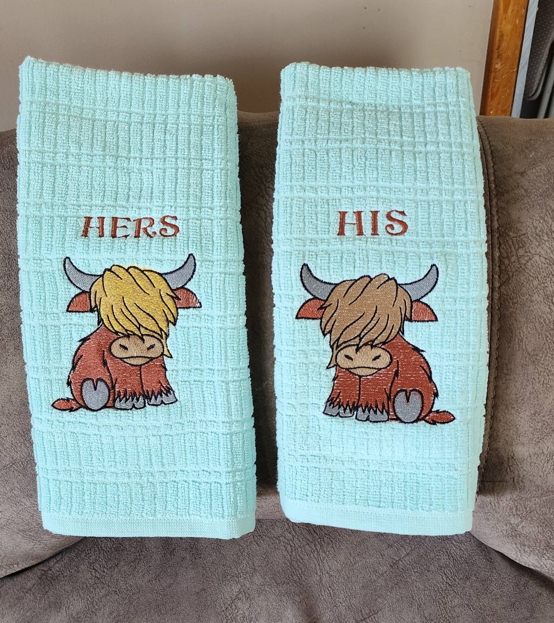 Highland Cow Set of 2 Embroidered Kitchen Towels- Mint Green ...