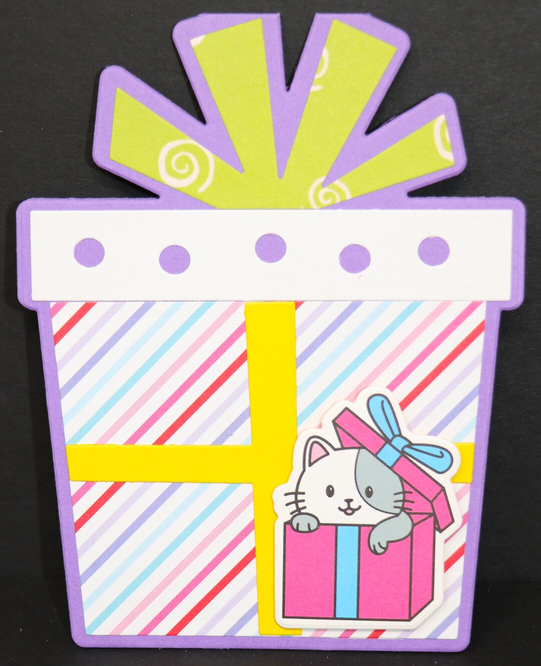 Cat Happy Birthday Gift Handmade A2 Card Purple Present Shaped Card ...