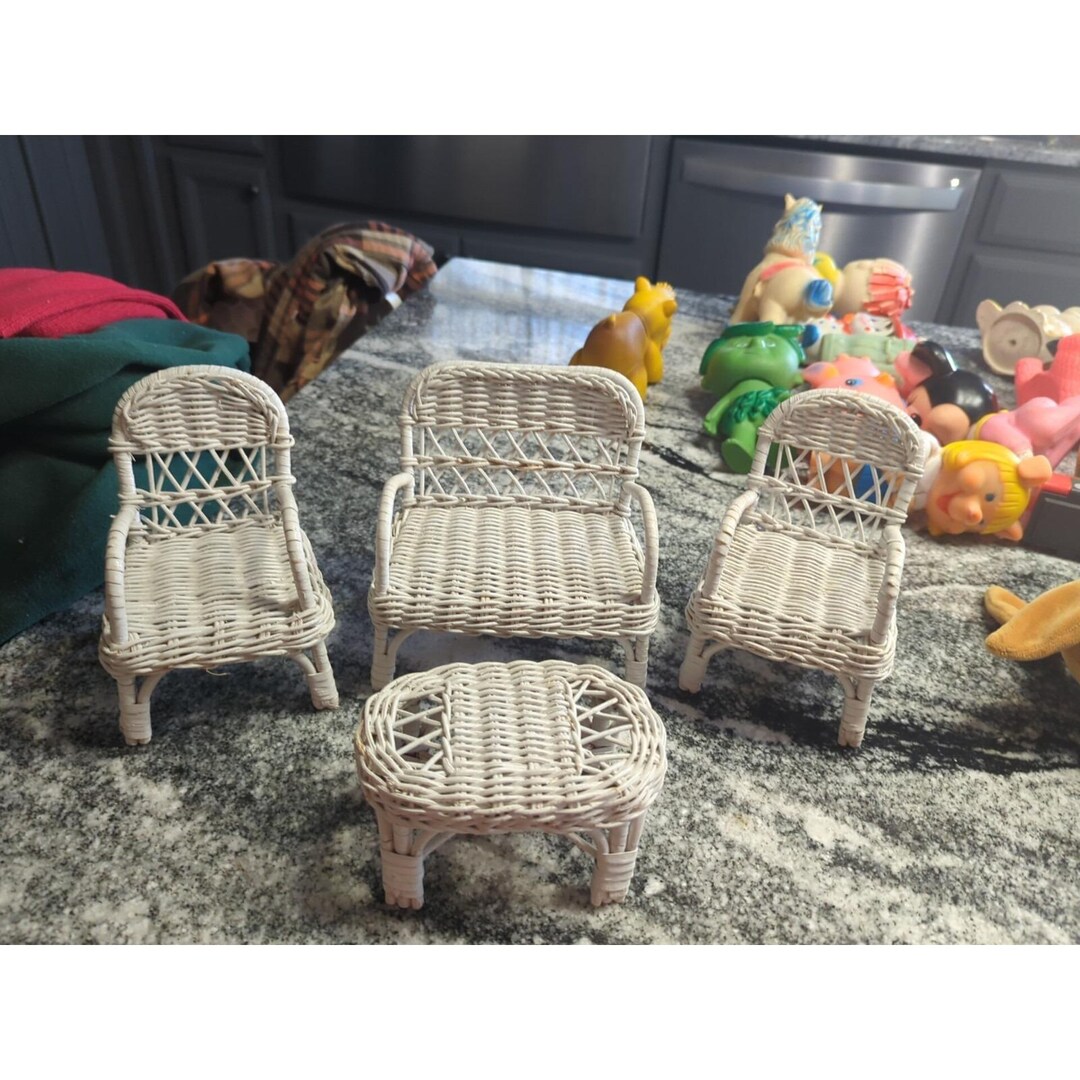 Vintage 4 Piece White Wicker Doll Furniture Set-couch & 2 Chairs With ...