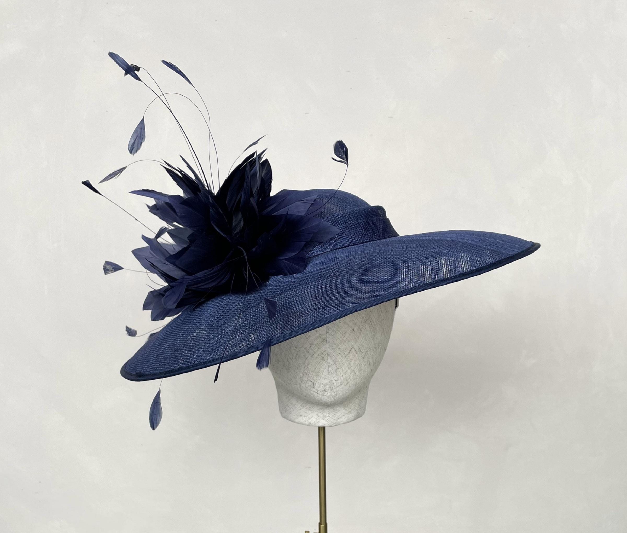 Navy Blue Wedding Hat Feather Trim Mother of the Bride Blue Ascot Hat ...