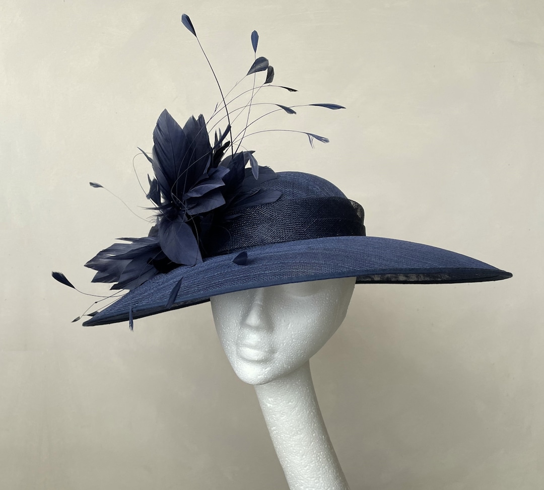 Navy Blue Wedding Hat Feather Trim Mother of the Bride Blue Ascot Hat ...