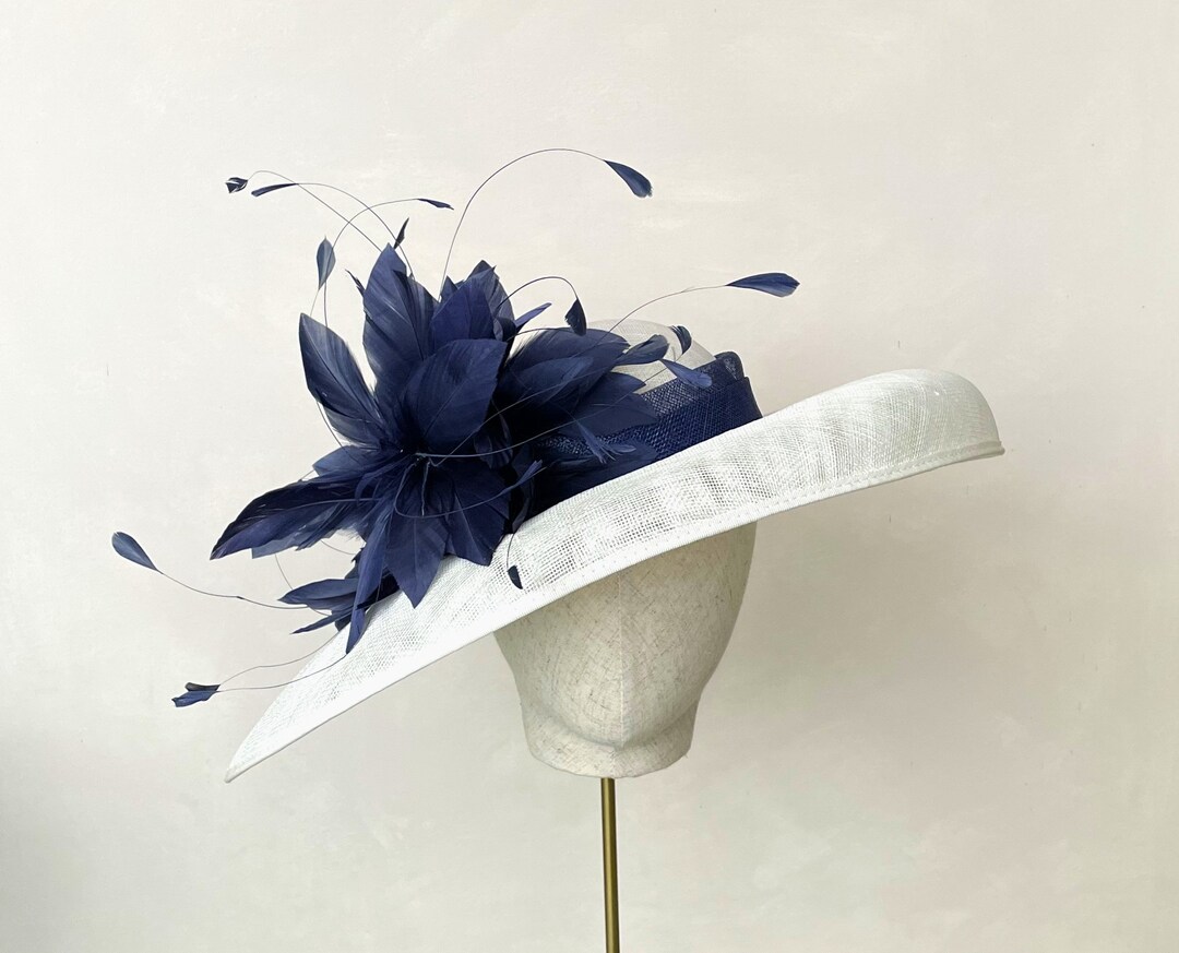 Navy and White Kentucky Derby Hat Wedding Hat Feather Trim Mother of ...