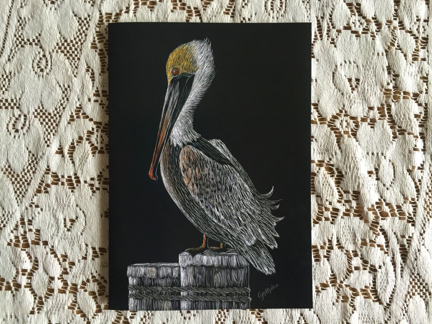 Statuesque Brown Pelican Color-enhanced Scratchboard Greeting Card - Etsy