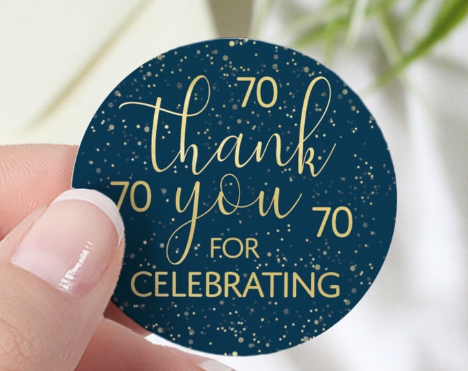 70th Birthday Party Favor Stickers - Navy Blue & Gold Foil, Thank You ...