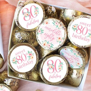 Pink Floral 80th Birthday Favor Stickers for Chocolate Kisses ...