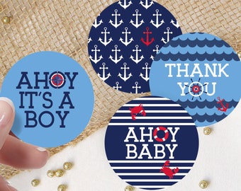 Ahoy It's a Boy Baby Shower Sticker, Blue and Red Nautical Stickers ...