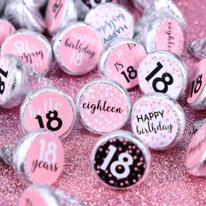 18th Birthday Party Favor Stickers Pink and Black Chocolate Kiss ...
