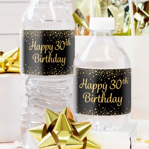 30th Birthday Water Bottle Labels - Black and Gold Birthday Decorations ...