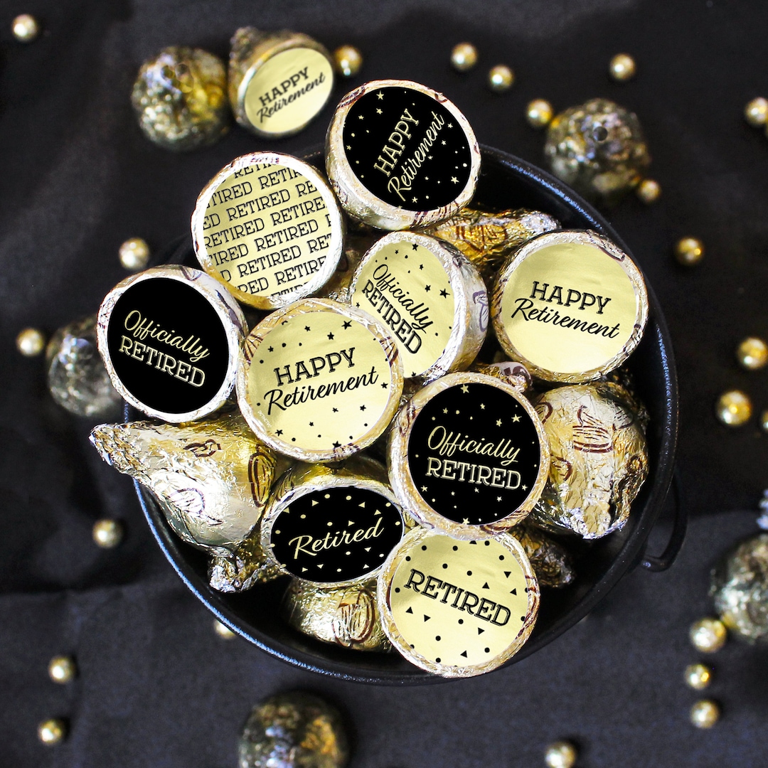 Retirement Party Stickers for Chocolate Kisses, Black and Gold Happy ...