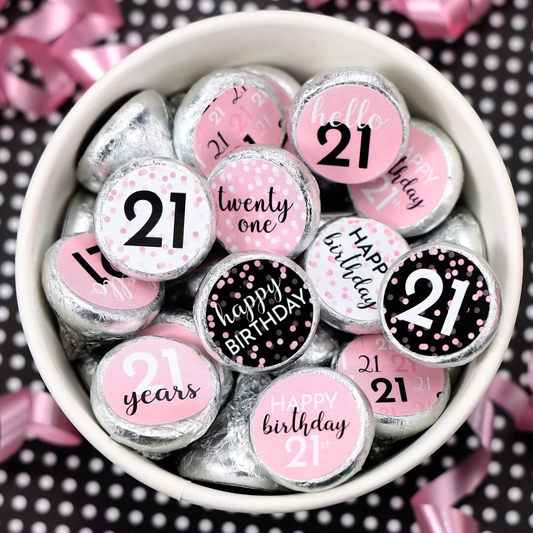 21st Birthday Party Favor Stickers Pink and Black Chocolate Kiss ...