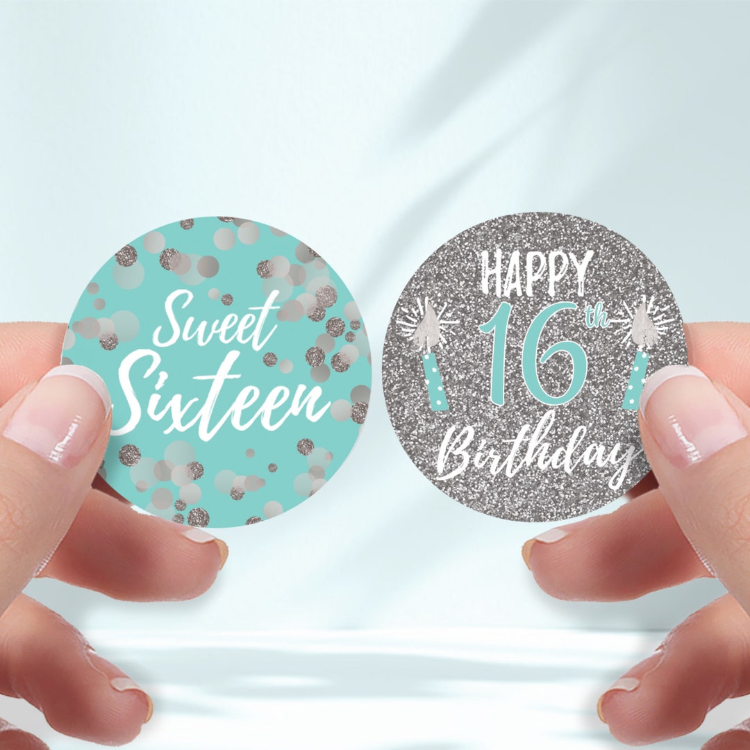 Sweet 16 Teal Blue and Silver Birthday Stickers for Large Candy, 1.75 ...