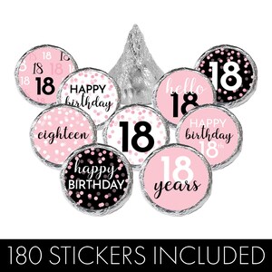 18th Birthday Party Favor Stickers - Pink and Black Chocolate Kiss ...