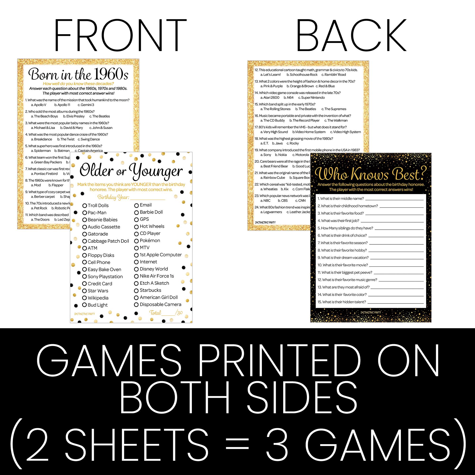60th Birthday Party Games - Born in the 1960s Black and Gold Birthday ...