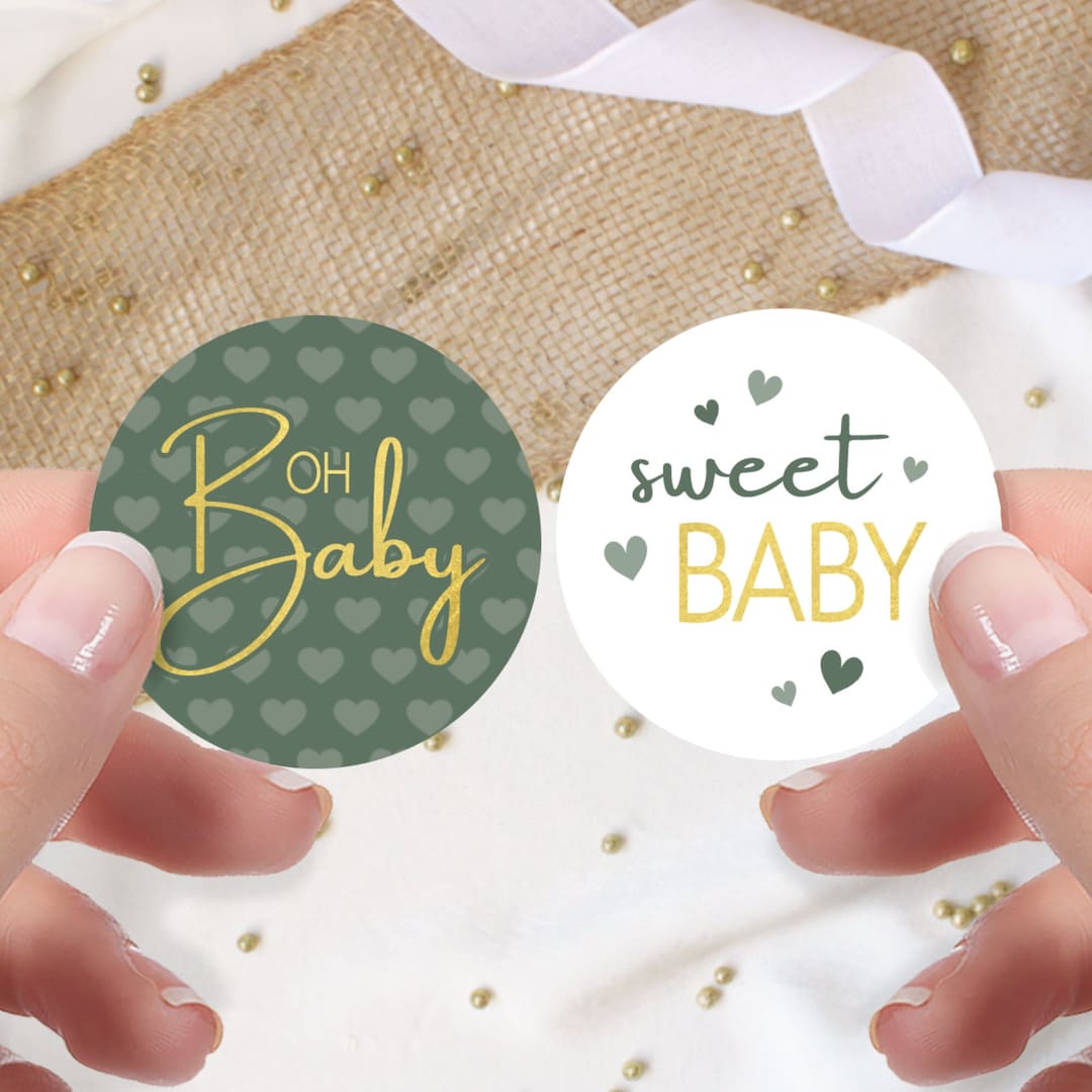 Green and Gold Baby Shower Favor Labels - Sweet Baby, Hello Baby, Oh ...