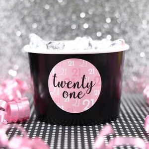 21st Birthday Party Favor Stickers, Pink and Black Thank You Round ...