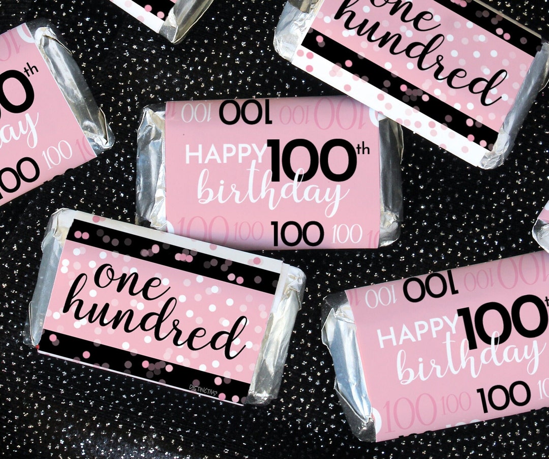 100th Birthday Party Favor Stickers - Pink and Black Mini Candy Bar ...