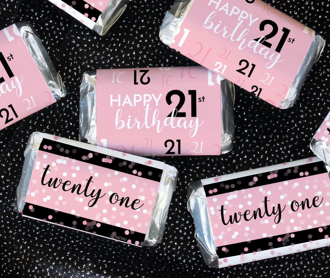 21st Birthday Party Favor Stickers - Pink and Black Mini Candy Bar ...