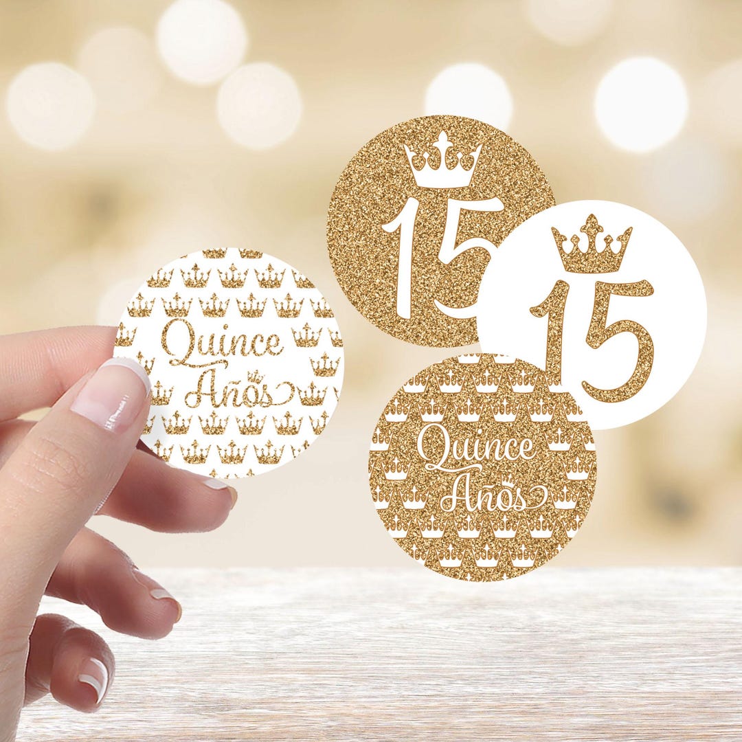 Quinceañera Favor Stickers: White & Gold Mis Quince Party Label 15th ...
