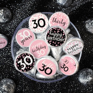 30th Birthday Party Favor Stickers Pink and Black Chocolate Kiss ...