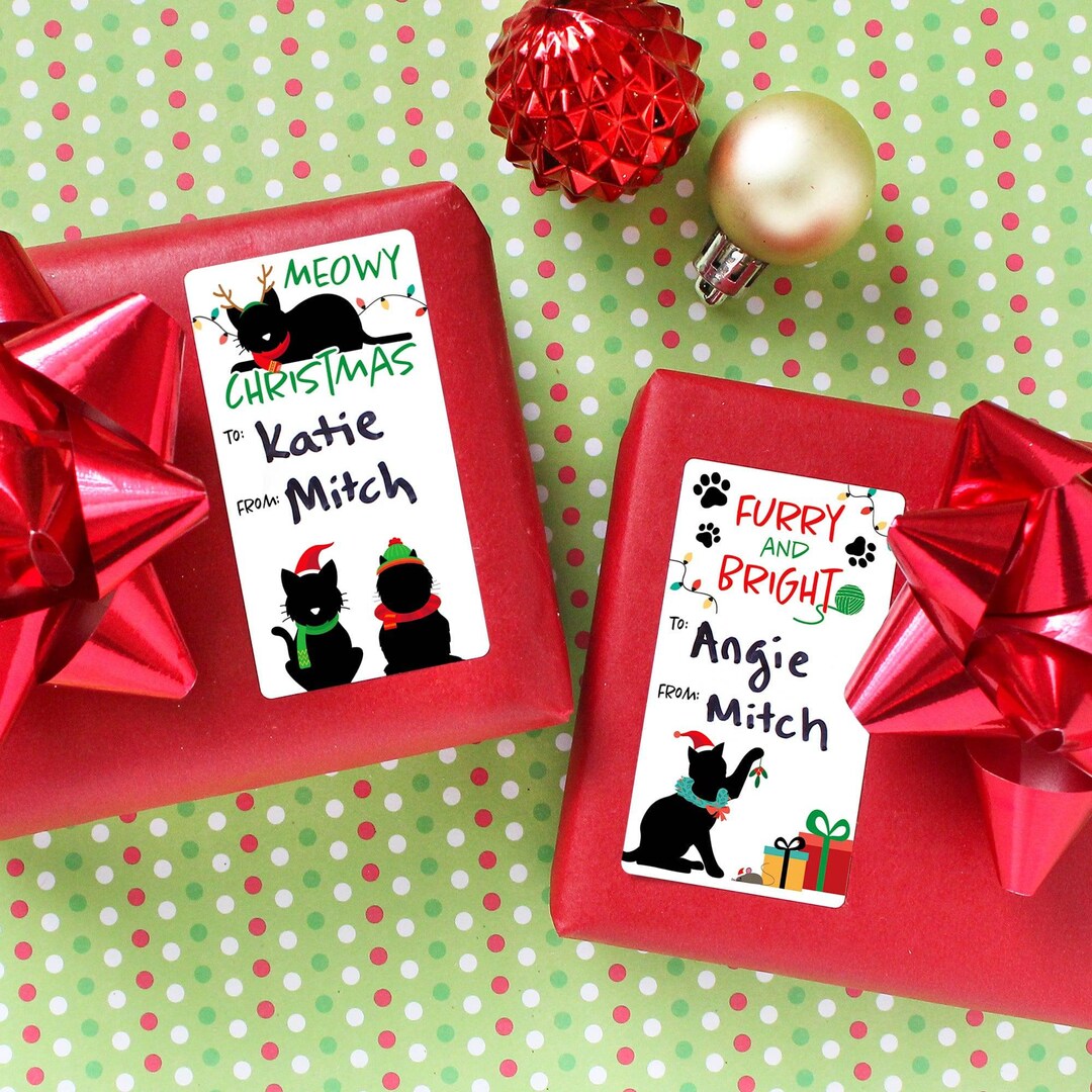 Meowy Christmas Cat Gift Tag Stickers – Cute Kitty Holiday Labels for ...