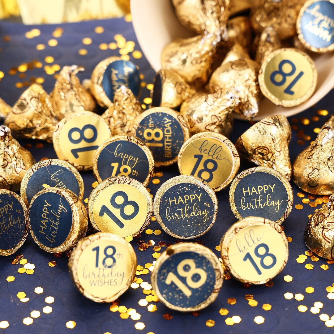 18th Birthday Stickers for Kisses Candy, Navy and Gold Happy 18th ...